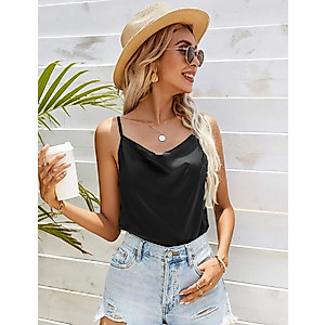 Ekouaer Satin Cowl Neck Tank Top Women Camisole Silky Loose Sleeveless Basic Blouse Ladies Satin Tank Shirt Black