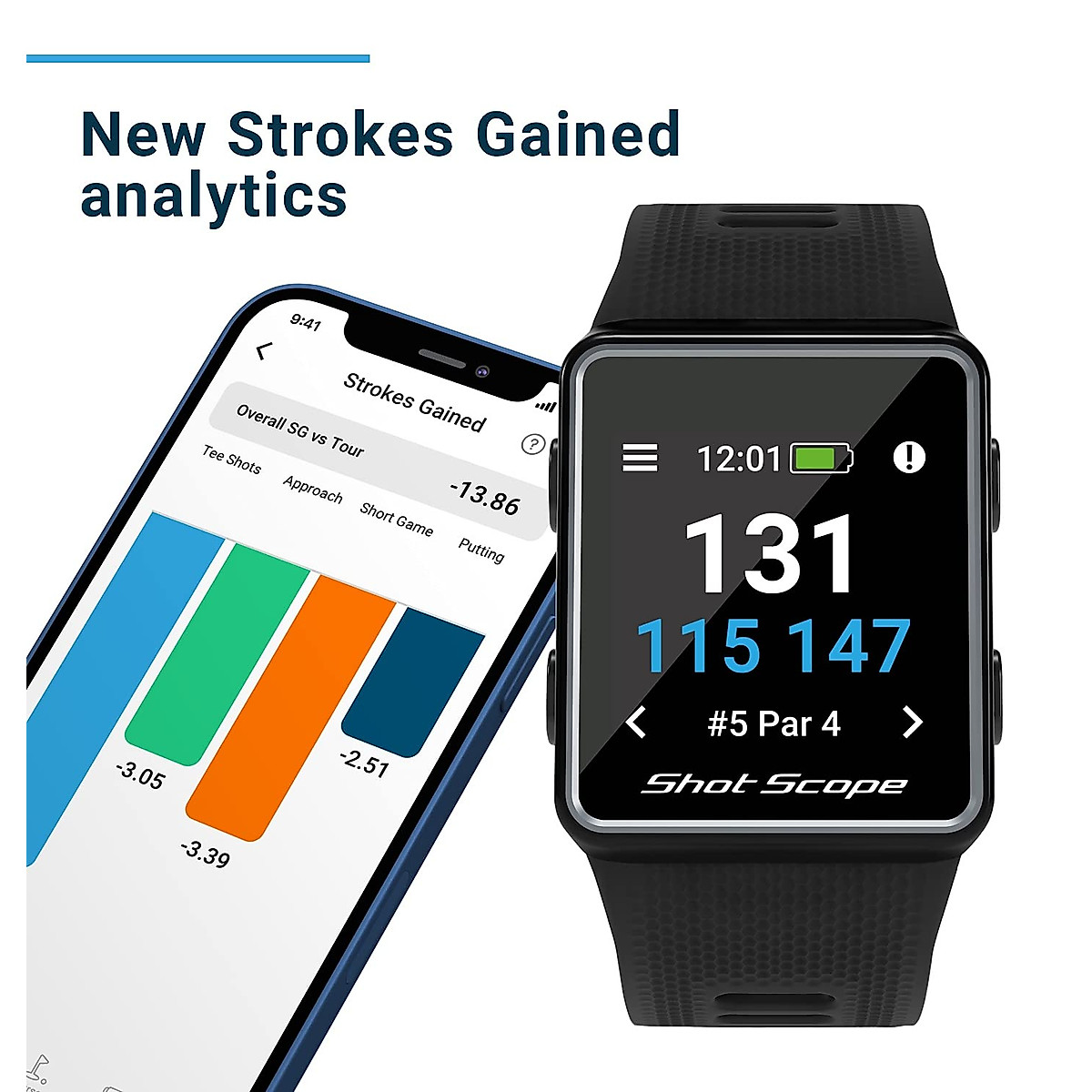 Shot Scope V3 GPS Golf Watch - Automatic Shot Tracking - F/M/B + Hazard Distances - Strokes Gained - iOS and Android Apps - 100+ Statistics, 36,000+ Pre-Loaded Worldwide Courses - No Subscriptions