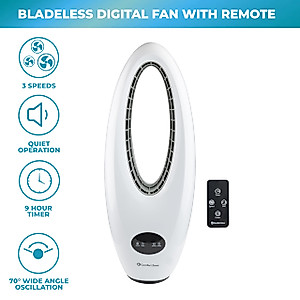 Comfort Zone Oscillating Bladeless Tower Fan with Remote Control, 28 inch, 3 Speed, 70 Degree Oscillation, Portable, 9-Hour Timer, LED Display, Ideal for Home, Bedroom, Dorm & Office, CZ12548