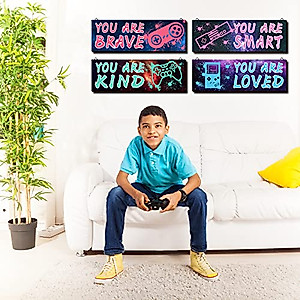 YLOLUL 4 Pieces Video Gaming Decor for Boys Room Wooden Video Game Wall Art Print 11.8 x 3 Inch Motivational Quote Gamer Hanging Plaques Wall Decor for Boys Kids Room Bedroom Playroom Decorations