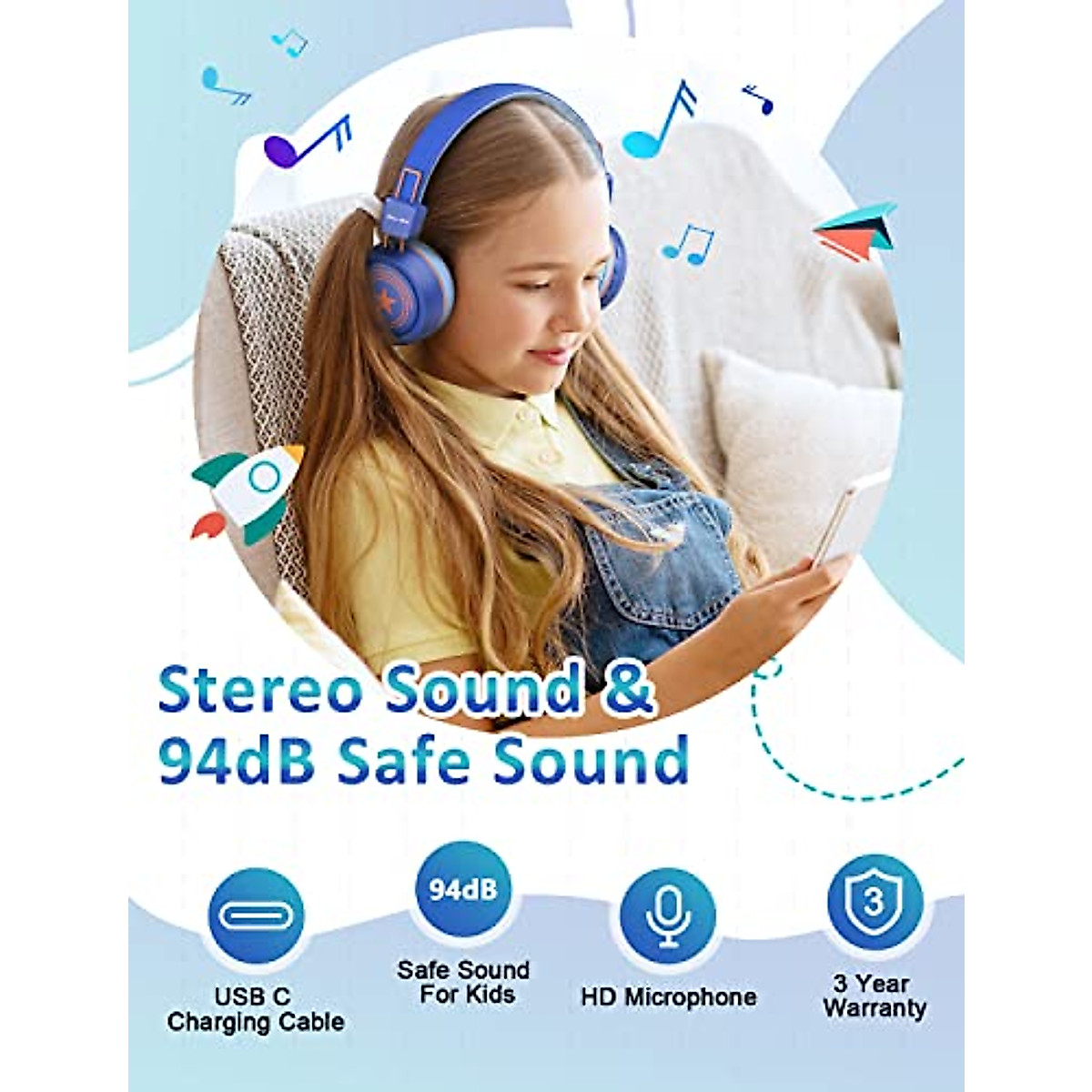 New bee Kids Bluetooth Headphones with Microphone Bluetooth 5.0 Wireless Kids Headphones with 32H Playtime/94dB Volume Limited On Ear Headphones for School/Girls/Boys/iPad/Fire Tablet(Blue)