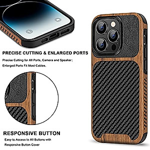 TENDLIN Magnetic Case Compatible with iPhone 14 Pro Max Case Wood Grain with Carbon Fiber Texture Design Leather Hybrid Slim Case (Compatible with MagSafe) Black