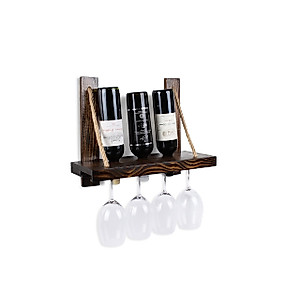 Charmont Wooden Rustic Wine Rack - Floating Wall Mounted Rope Hanging Wine & Glass Shelf, Perfect Home Bar Kitchen Storage Or Nautical Décor Wedding Gift (Burnt Dark Walnut Finish 3 Bottles & 5 Cups)