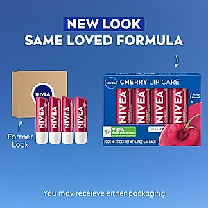 NIVEA Cherry Lip Care, Tinted Lip Balm Pack with Shea Butter, Nourishing Oils and Vitamin C & E, 3-in-1 Moisture, Repair and Color, 0.17 Oz Stick, Pack of 4