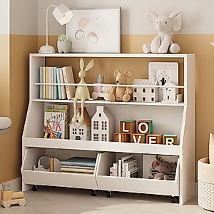 IRONCK Toy Storage Organizer, Kids Bookshelf with 2 Movable Cubby Drawers, Top Toy Shelf with Crossbar, Storage Cabinet for Nursery, Playroom, White