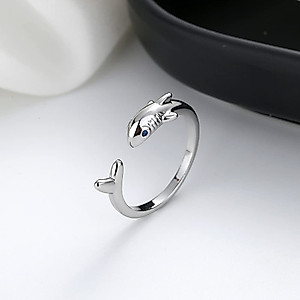Cute Shark Open Rings Sea Animal Fish Blue Cubic Zirconia Eye for Women Men Sterling Silver Plated Expandable Adjustable Wrap Stackable Finger Knuckle Ring Fashion Christmas Birthday Dainty Jewelry Gifts Bff