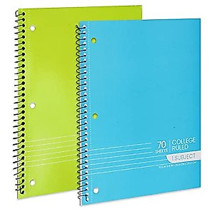Spiral Notebooks, 1-Subject Notebook, College Ruled Notebooks - 70 Sheets - 3 Hole Punched, Subject Notebooks for School Classroom, Home, Office - Perforated Pages, Assorted Colors - (2 Pack)
