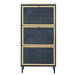 SSLine Industrial Shoe Cabinet with 3 Flip Down Storage Shelves Free-Standing Shoe Rack Elegant Wood Shoe Storage Organizer with Metal Rattan Door for Entryway Hallway Doorway (Blue&Gold-3 Door)