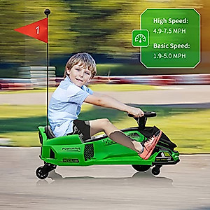24V Kids Ride on Drift Car for Kids, Electric Drifting Go-Kart Up to 7.5 mph Variable Speed, Built-in Music,Colorful LED Light,USB,Low-Power Alarm,Green