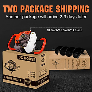 DC HOUSE 63CC Gas Powered Auger Post Hole Digger with 3 Earth Auger Drill Bits (6"&10"&12") One Man Operator Engine and Drill Bits | Multi-Package Shipping