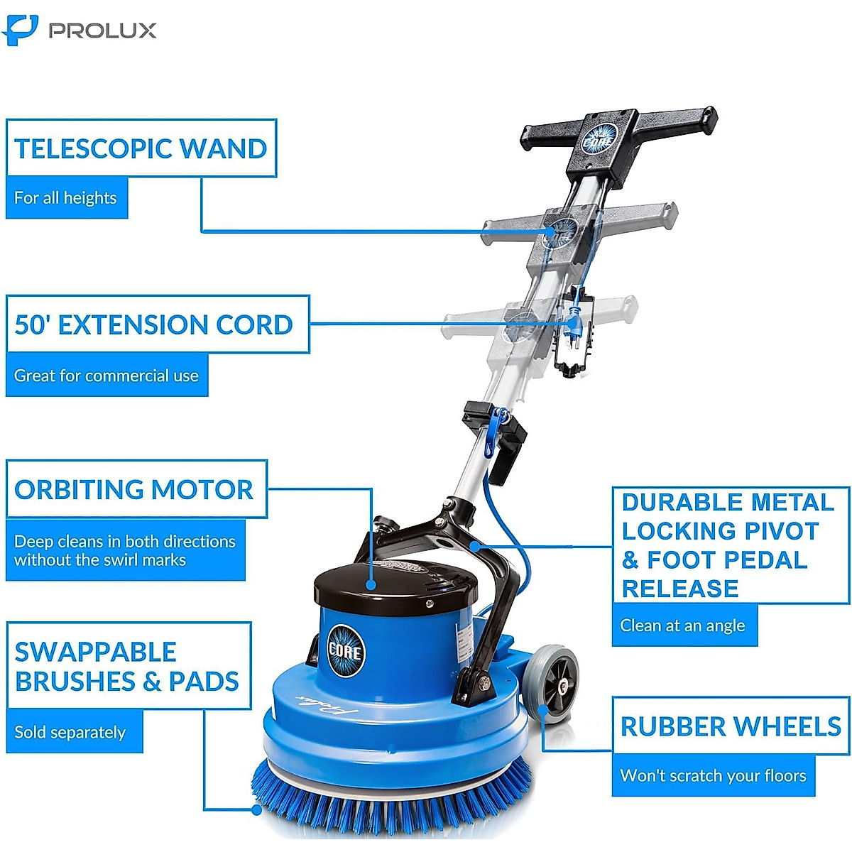 Prolux Core Heavy Duty Single Pad Commercial Polisher, Floor Buffer Machine, Scrubber, 15 Inch Commercial Duty w/ Hard Brush Only