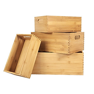 ANMINY Set of 4 Nesting Wooden Crates for Storage, Bamboo Wood Storage Containers Bins, Handmade Natural Large Wooden Storage Boxes Baskets with Handles for Organizing Shelf Closet Cabinet