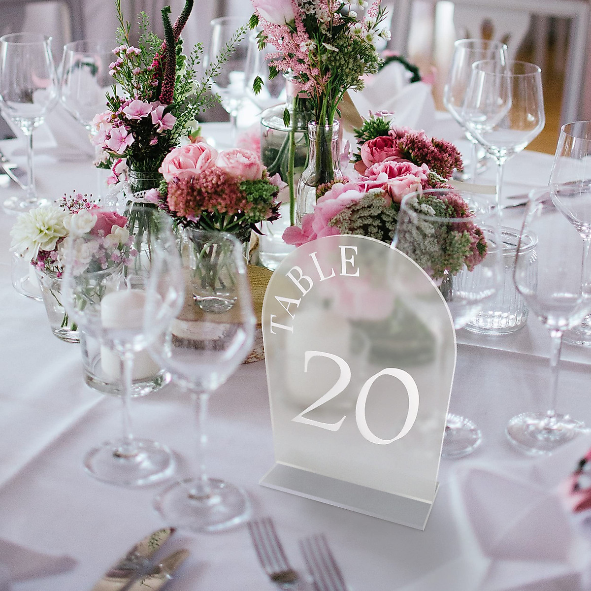 Table Numbers 1-20 with Display Stand, Acrylic Sheets with White Printed Calligraphy Number and Frosted, Arch Shape Design for Party Decor, Wedding Reception, Anniversary, & Other Event Guest Seating