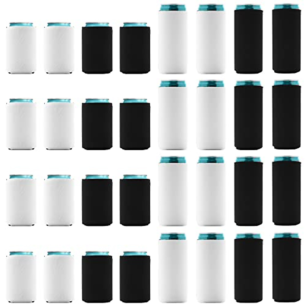 Blank Beer Can Coolers (60-Pack) Plain Bulk Collapsible Soft Insulated Blanks for Soda, Personalized Sublimation Sleeves for Weddings, Bachelorette Parties, HTV Projects (Black&White)