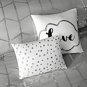 Intelligent Design Raina Comforter Microfiber Metallic Print Geometric Design Embroidered Toss Pillow Modern Trendy Casual All Season Bedding Set Matching Sham, King/Cal King, Grey/Silver 5 Piece