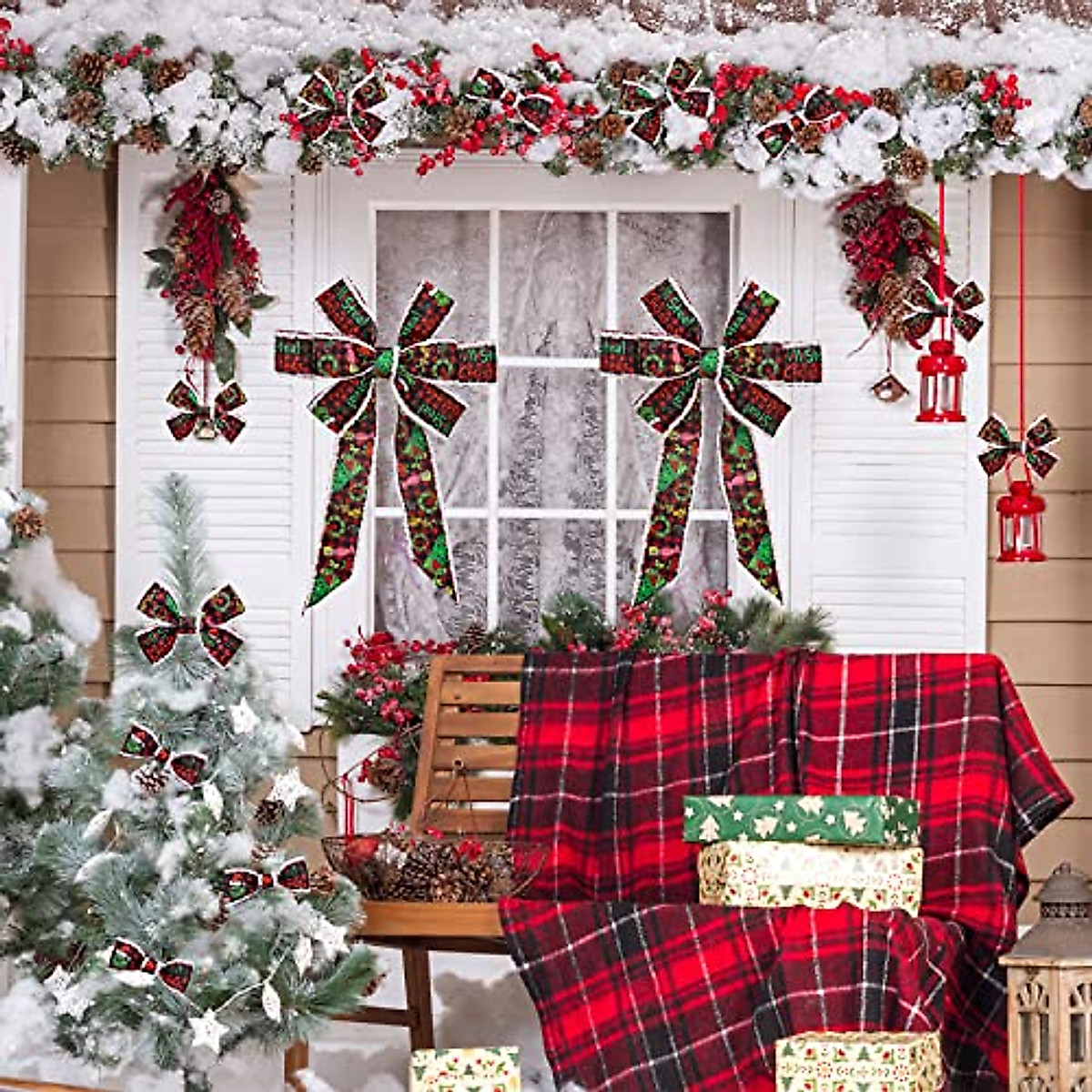 Whaline Christmas Wired Edge Ribbon with White Burr Red Black Buffalo Plaids Cartoon Character Craft Ribbon Xmas Green Red Decorative Ribbon for Gift Wrapping DIY Floral Arrangement Bow, 2.5", 2 Roll