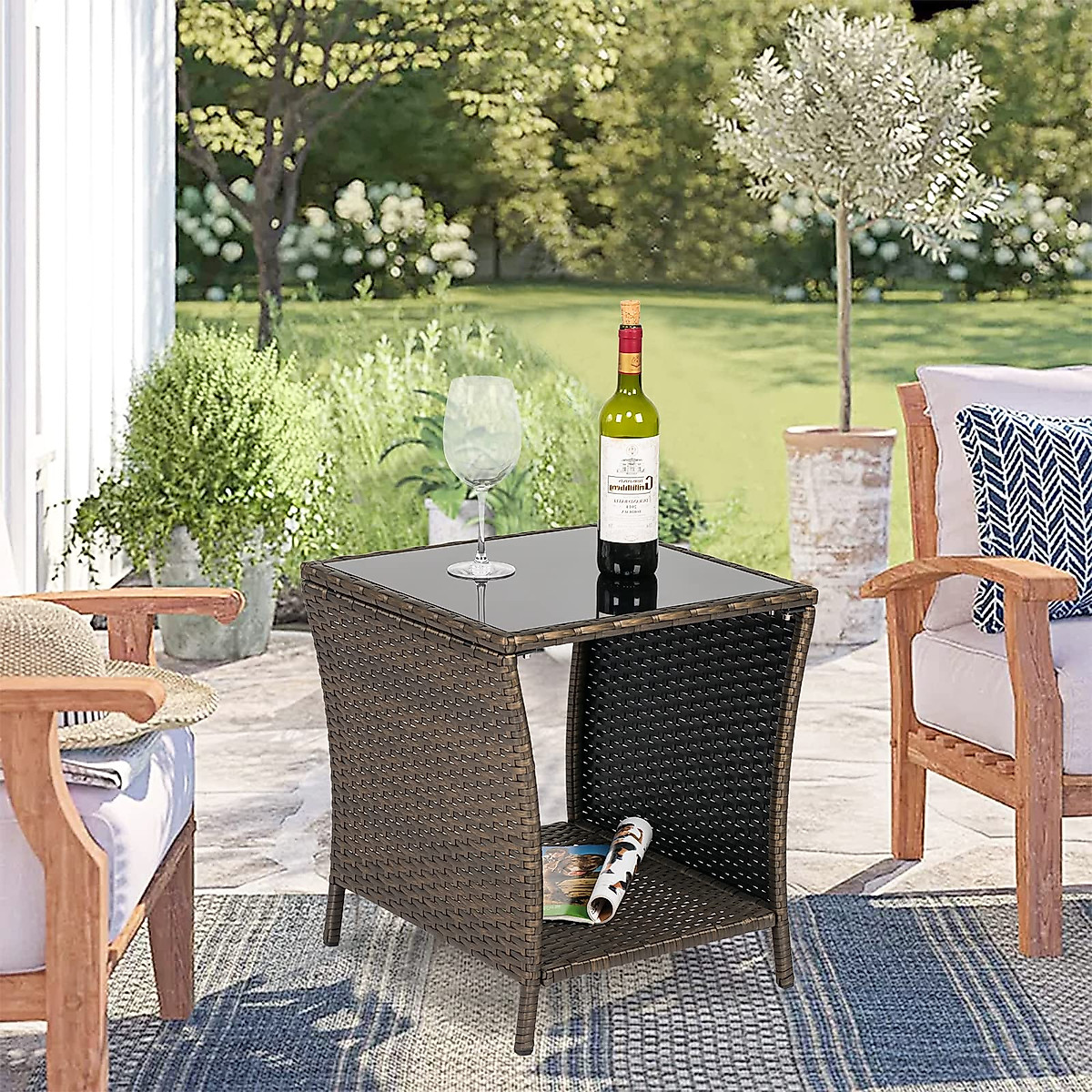 Kinsunny Outdoor Bistro Table PE Wicker Rattan Side Table Square End Table with Glass Top for Backyard Lawn Balcony, Brown