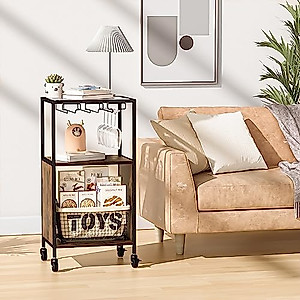 SZLHANJZ Wine Cart, Small Liquor Cart with Glass Holder, Rolling Side Table for Beverage Serving, Wood and Metal Bar Cart with Wine Rack for Home Bar, Kitchen, Living Room, Rustic Brown