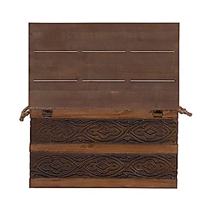 Household Essentials Decorative Trunk, Embossed Metal, Large, Chinese Fir Wood, Darkened Interior, Rope Handles, Flat and Fully Opening Lid, Handmade, Walnut and Almond Stain