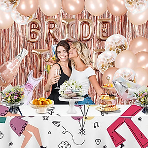 Bachelorette Party Decorations,Pink Rose Gold Decor, Bridal Shower Party Supplies with Bride To Be Words,Rose Gold Diamond Ring,Wedding Dress,Giant Bottle Balloons and Foil Fringe Curtain