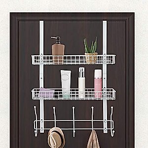 BTY Over The Door Hooks Organizer Hanger Metal Door Towel Hook Rack with 5 Hooks and 2 Baskets Door Coat Rack Storage Organizer for Bedroom Bathroom Kitchen (White)