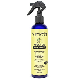 PURA D'OR 8 Oz Argan Oil Heat Shield Protectant Spray with Select Organic Ingredients, Protects Up To 450º F From Flat Iron & Hot Blow Dry, Leave-In, Define & Shine Dry & Damaged Hair