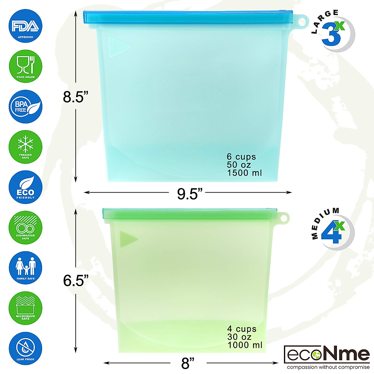 Reusable Food Storage Bags (9 Pieces) Dishwasher Safe Silicone Bags; Silicone Food Bag in Reusable Zip Style — Microwave Safe Reusable Snack Bags/Reusable Freezer Bags — Bags for Sous Vide