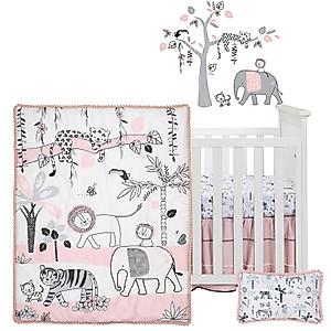 Lambs & Ivy Happy Jungle Pink/White Safari Nursery 5-Piece Crib Bedding Set