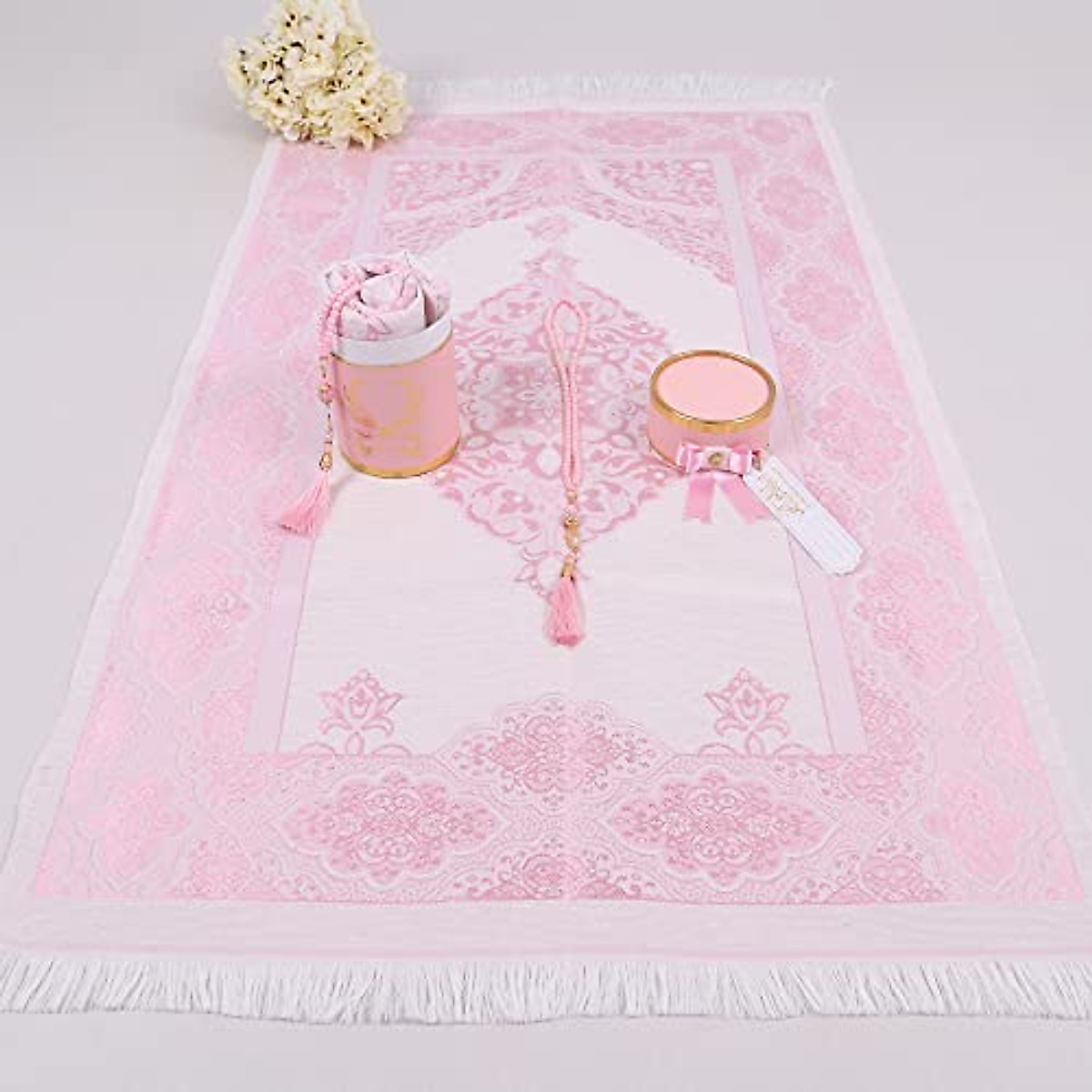 Islamic Elite Favors Personalized Muslim Lightweight Travel Prayer Rug Prayer Beads Set, Prayer Mat Tasbeeh Set, Ramadan Eid Hajj Umrah Wedding Birthday Graduation Mother's Day (Pink)