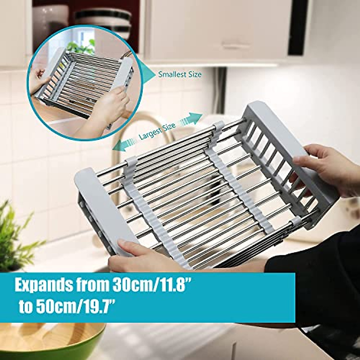 EJIE Expandable Sink Drying Rack, Dish Drying Rack Over The Sink, Kitchen Sink Drain Basket, Adjustable Expandable Stainless Dish Drying Rack, Gray