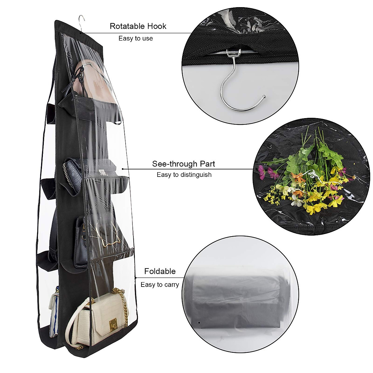 EsLuker.ly 2Pcs Hanging Purse Bag Organizers with 8 Large Easy Access Pockets, Premium Clear Handbag Storage Holder Space Saving Organizer System for Closet Wardrobe (Black)