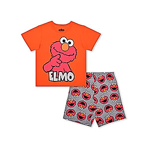 Sesame Street Elmo, Cookie Monster and Oscar Boys T-Shirt and Short Pants Set for Infant and Toddlers – White/Orange/Grey