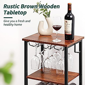 Yoobure Wine Rack Freestanding Floor with Glass Holder Wine Racks for Floor 12 Bottles Wine Bar Rack, Wine Holder Stand with Wood Tabletop 3-Tier Wine Table with Rack for Home Bar Kitchen Living Room