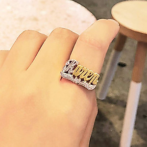 Cfustiy Name Ring Personalized Custom Initial Ring with Heart Gold Plated Unisex Nameplate Rings for Women Birthday Gift