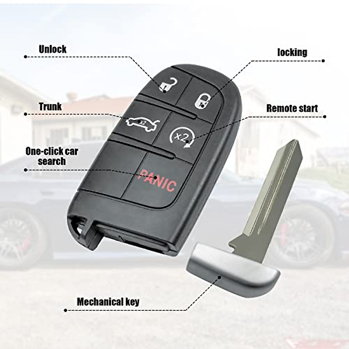 Key Fob Fits for Dodge Dart Charger Challenger 5-Button Keyless Entry Remote Control Car Key Fob, FCC ID M3N-40821302, Replace 56046759AA 56046759AB 56046759AC 56046759AD 56046759AE