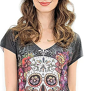 Sweet Gisele Sugar Skull V-Neck T Shirt Day of The Dead Rhinestones Bling for Women Black,Large,Black