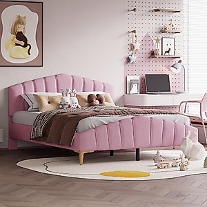 Brisca Queen Size Velvet Platform Bed with Thick Fabric,Stylish Stripe Decorated Bedboard and Elegant Metal Beds Leg,Bedroom Wooden Bed Frame W/Slat Supports,for Kids Teens Adults,Pink