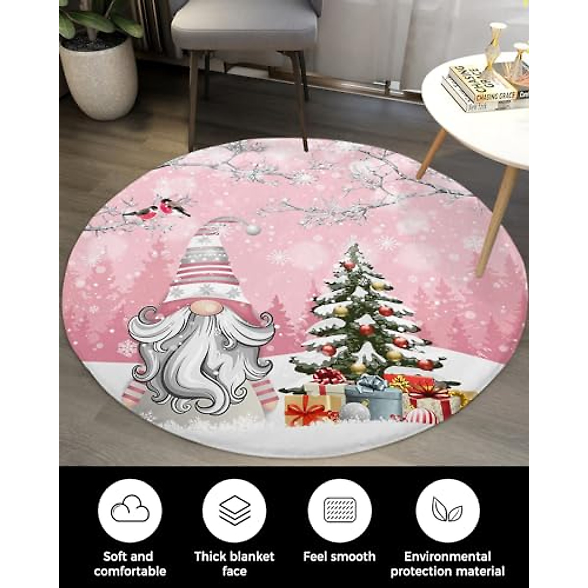 Christmas Gnomes Fluffy Round Area Rug Carpets 4ft, Plush Shaggy Carpet Soft Circular Rugs, Non-Slip Fuzzy Accent Floor Mat for Living Room Bedroom Nursery Home Decor Xmas Snowy Tree Bird Pink