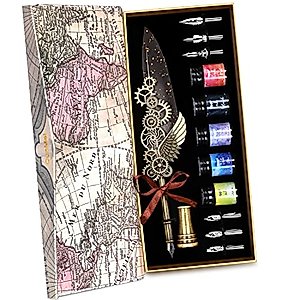 CunMei Vintage Punk Quill Pen Ink Set-Mechanical Quill Pen,5 Color Ink Calligraphy Pen Ink Set,6 Replaceable Dip Pen Nibs-Basic Calligraphy Kit-for Beginners and Calligraphy Lovers (Grey)