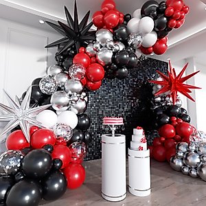 ADOINBY Red Black and White Balloon Arch Kit, 201Pcs Explosion Star Red Black White Silver Latex Balloon Garland kit, Different Size Balloons for Anniversary Birthday Racing Car Poker Party Decoration