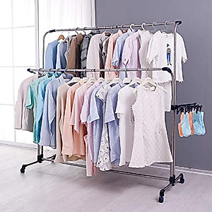 Hershii Clothes Garment Rack on Wheels Heavy Duty Double Rail Adjustable Extendable Rods Rolling Laundry Drying Rack Hanging Pole with 24 Clips