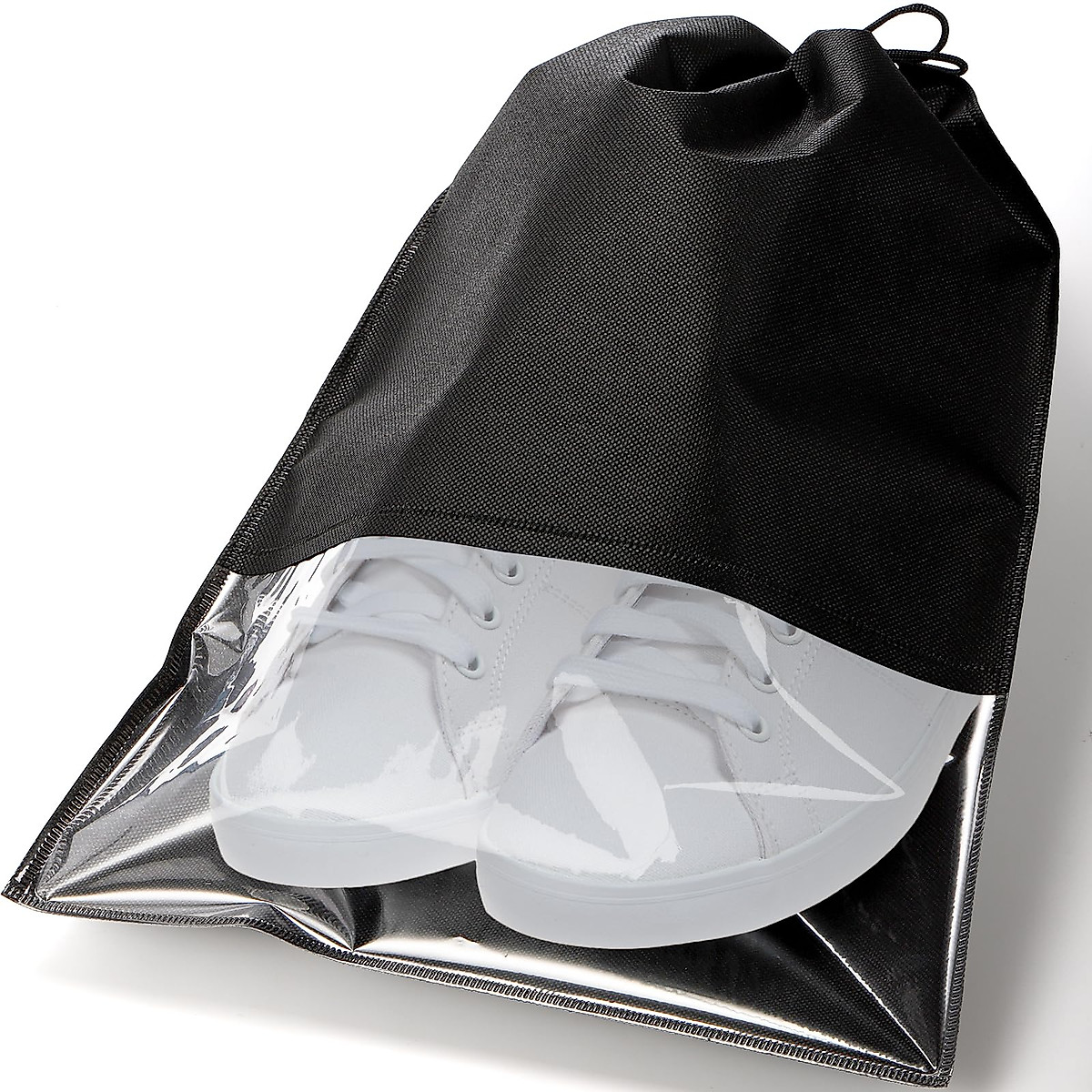 Coloch 30 Pack Non-woven Travel Shoes Bags with Rope, Black Large Shoes Packing Pouch Portable Multifunctional Organizer Bag with Clear Window for Shoes, Towel, Clothes, Toys, Home and Travel Use