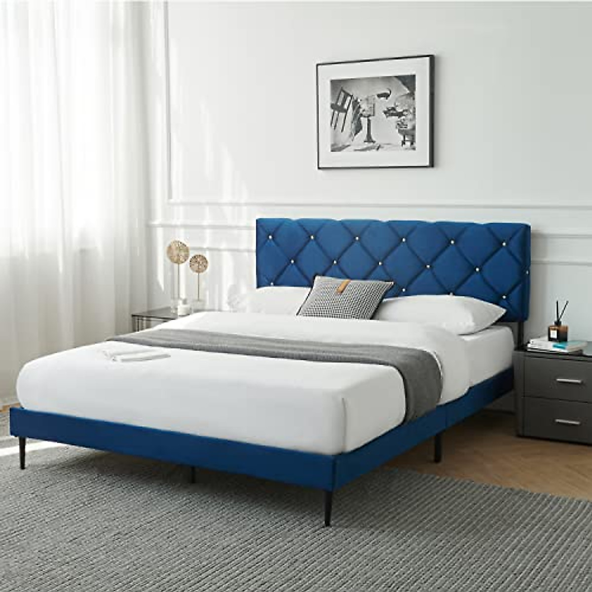 AsKmore King Size Bed Frame,Velvet Upholstered Platform with Headboard and Strong Wooden Slats,Non-Slip and Noise-Free,No Box Spring Needed, Easy Assembly,Navy Blue