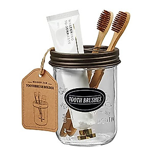 3 Pack Apothecary Jar Canisters Bathroom Vanity Organizer for Qtips,Cotton Swabs+Mason Jar Toothbrush Holder with 16 Ounce Ball Mason Jar - Rustic Farmhouse Decor Black Bathroom Accessories - Bronze