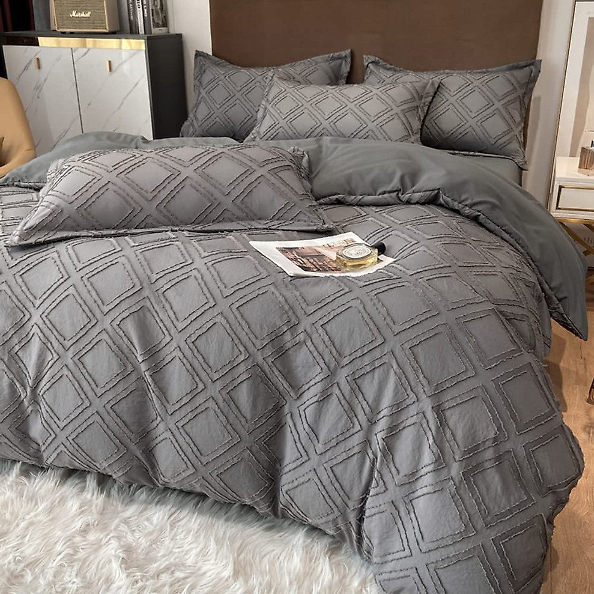 MorroMorn 5 PCS Boho Bedding Sets, Textured Duvet Cover Set, Tufted Comforter Covers, Diamond Jacquard Soft Breathable Neutral for Men Women Bed All Seasons (Grey, King/California King)