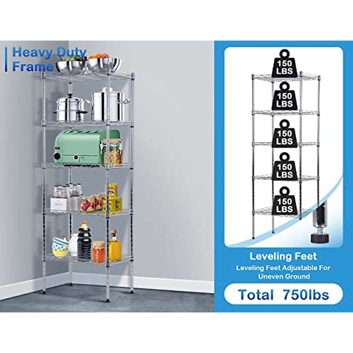5-Tier Metal Wire Shelving Unit Kitchen Shelf Organizer Kitchen Storage Rack Utility Shelf Snack Shelf, NSF Certified Storage Shelves for Storage, Garage Shelving Storage Shelf Pantry Shelves