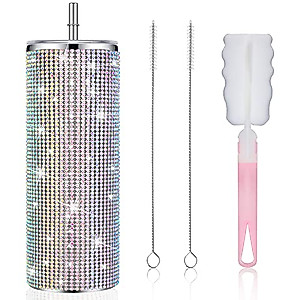 Tessco Bling Cups Rhinestones Tumbler with Straw Glitter Water Bottle Stainless Steel Straw Tumbler Insulated Bling Cup with Lid and Brush for Women (Colorful,20 Oz)