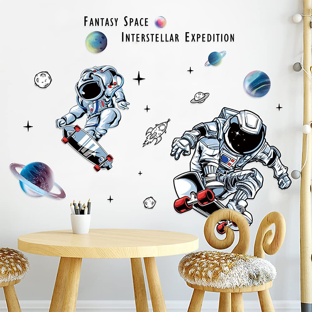 VJSTALS DIY Cartoon Astronaut Wall Sticker Fantasy Interstellar Expedition Skateboard Outer Spaceman Wall Decals for Boys Girls Kids Room Playroom Decoration, 11.8 inches x35.4 inches