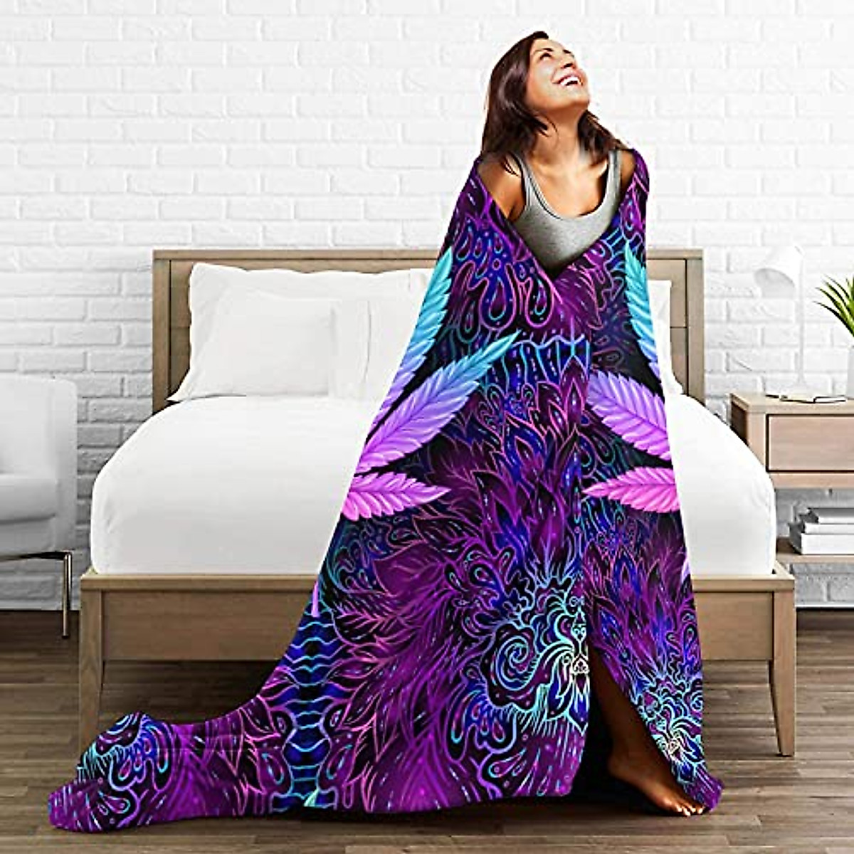 Gaseekry Blanket Colourful Weed Leaves Fleece Flannel Throw Blankets for Couch Bed Sofa Car,Cozy Soft Blanket Throw Queen King Full Size for Kids Women Adults 80 inchX60 inch, Black