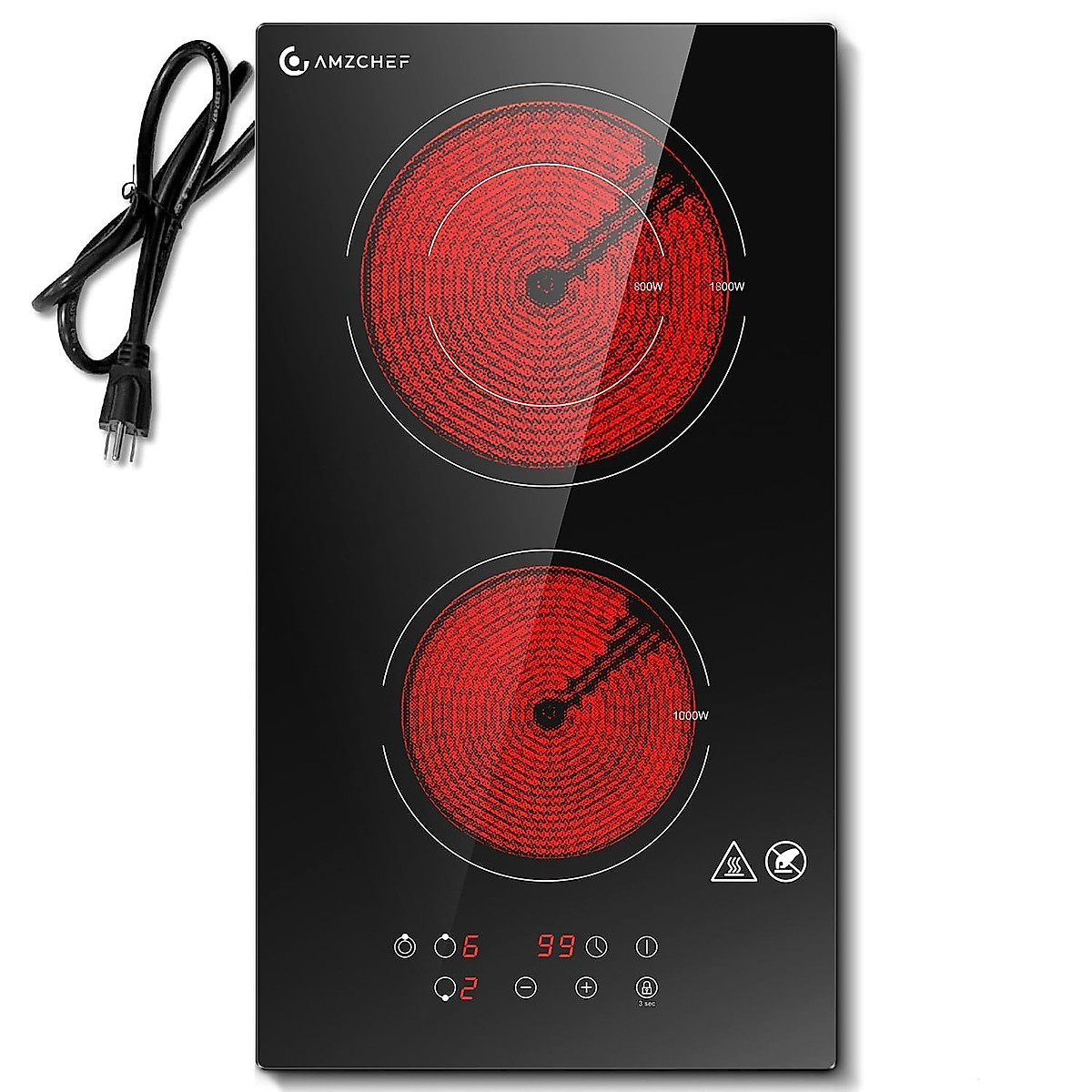 AMZCHEF 2 Burner Electric Cooktop 12 Inch, Domino Electric Stove Top 120v Plug Ceramic Cooktop with 1800W 9 Power Levels,Sensor Touch,Child Lock,Residual Heat Indicator,Built-in&Countertop,Upgraded